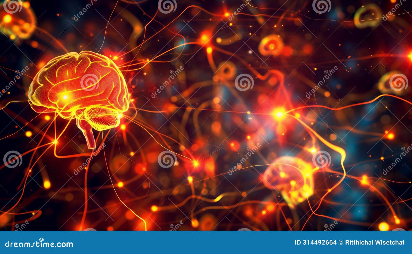 Digital Illustration of a Glowing Orange Brain with Neural Network ...