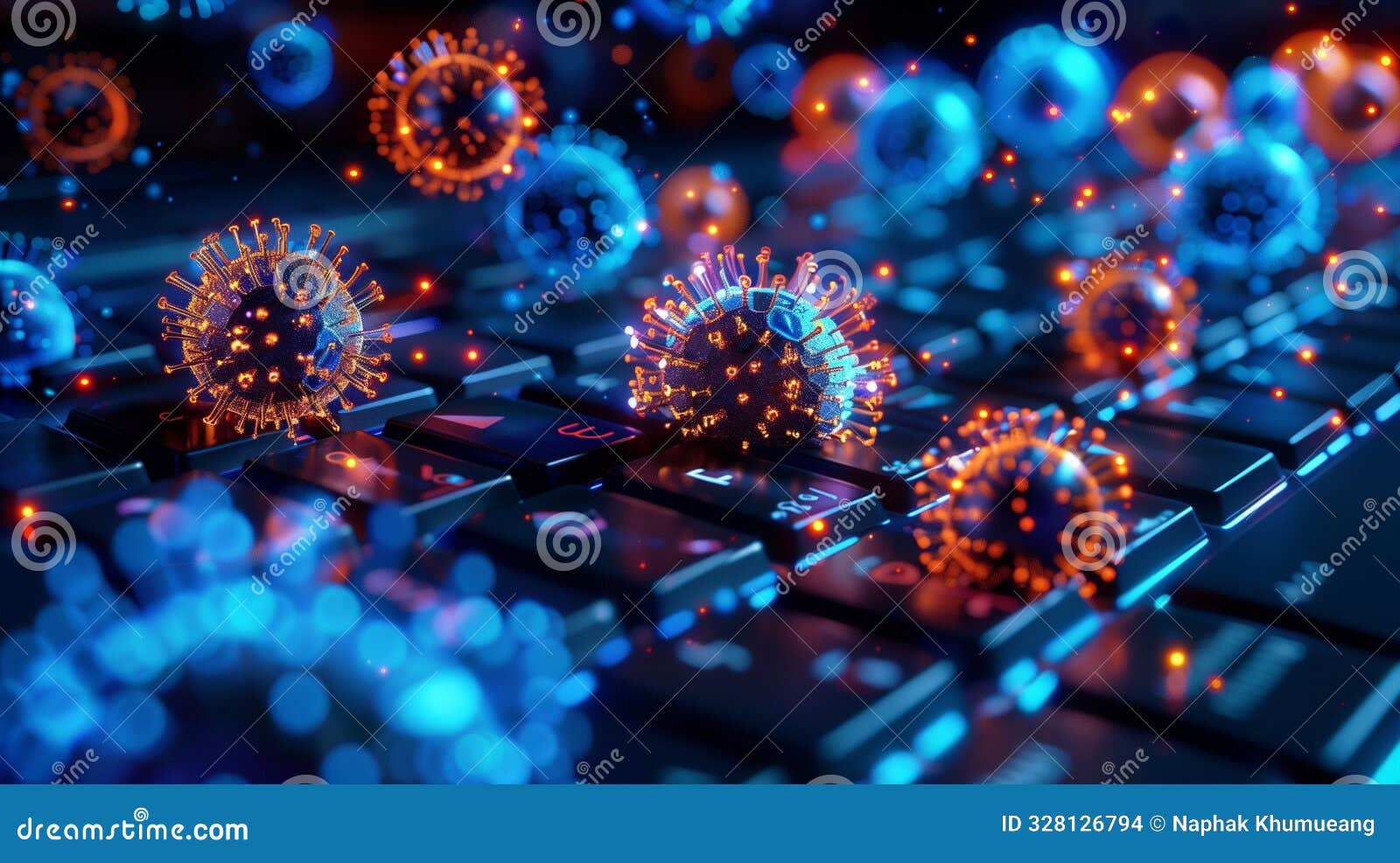 Digital Illustration of Glowing Virus Particles on a Computer Keyboard ...