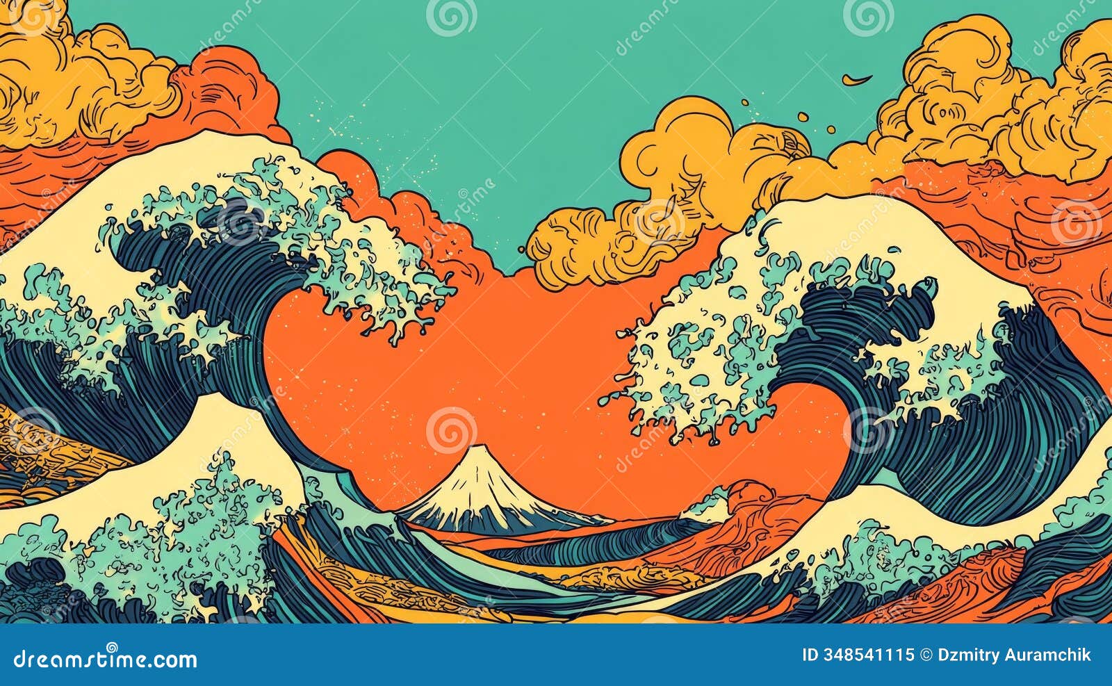 A Digital Illustration of the Great Wave Off Kanagawa at Sunset ...