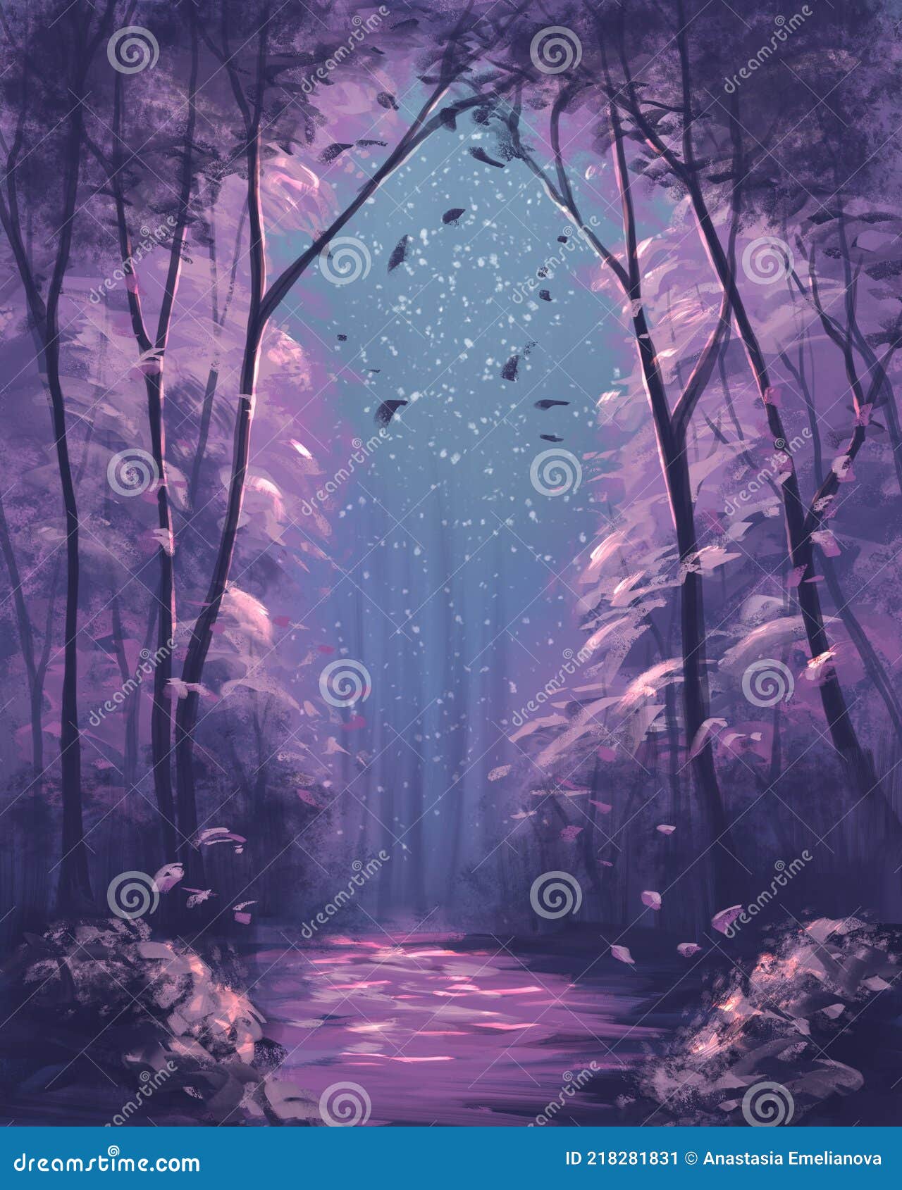 Fantasy Violet Forest in Evening Stock Illustration - Illustration of ...