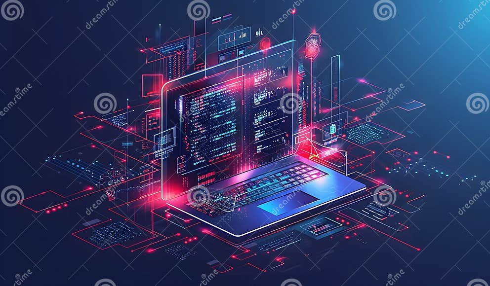 Digital Illustration of Laptop with Coding and Data Visualization, Software, Web Development and ...
