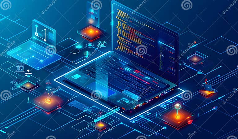 Digital Illustration Of Laptop With Coding And Data Visualization Software Web Development And 