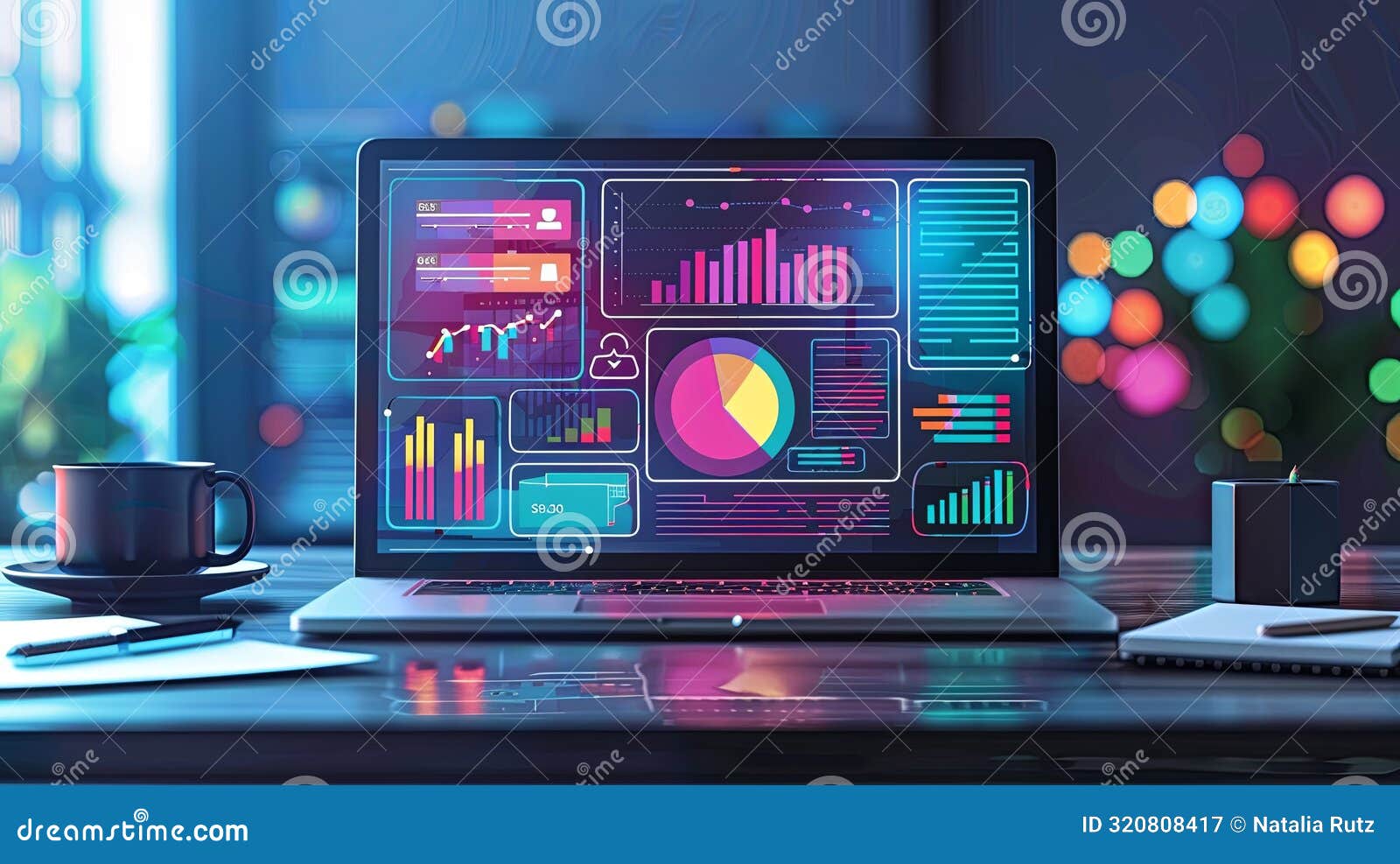 Digital Illustration of a Laptop Screen Displaying Colorful Data Analytics with Charts and ...