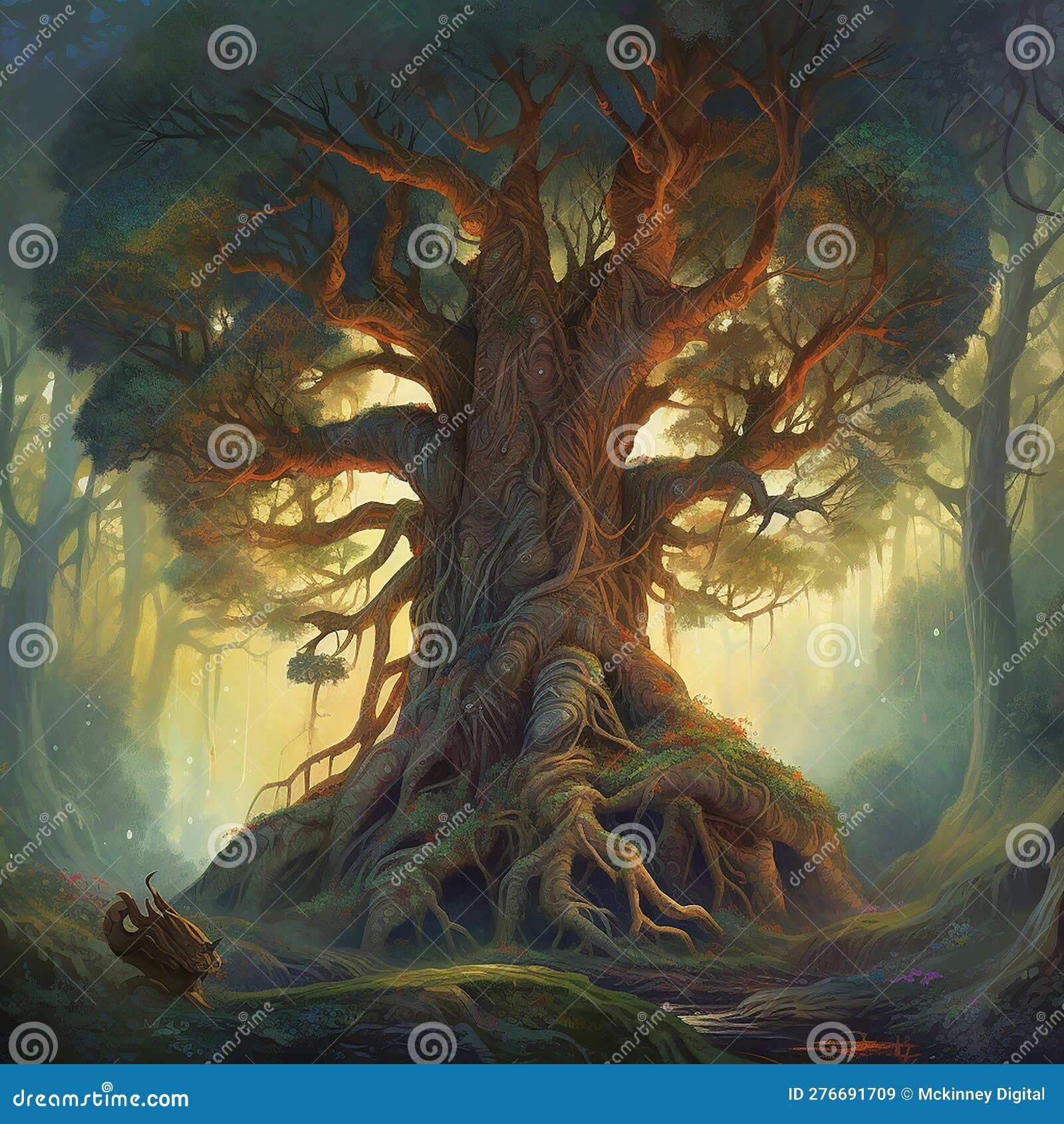 Digital Illustration of a Large Majestic Tree in a Forest Setting ...