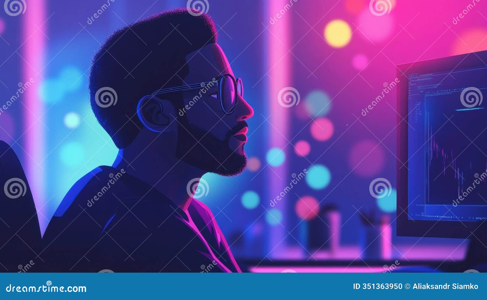 Digital Illustration of a Man Focused on Computer Screen Stock ...