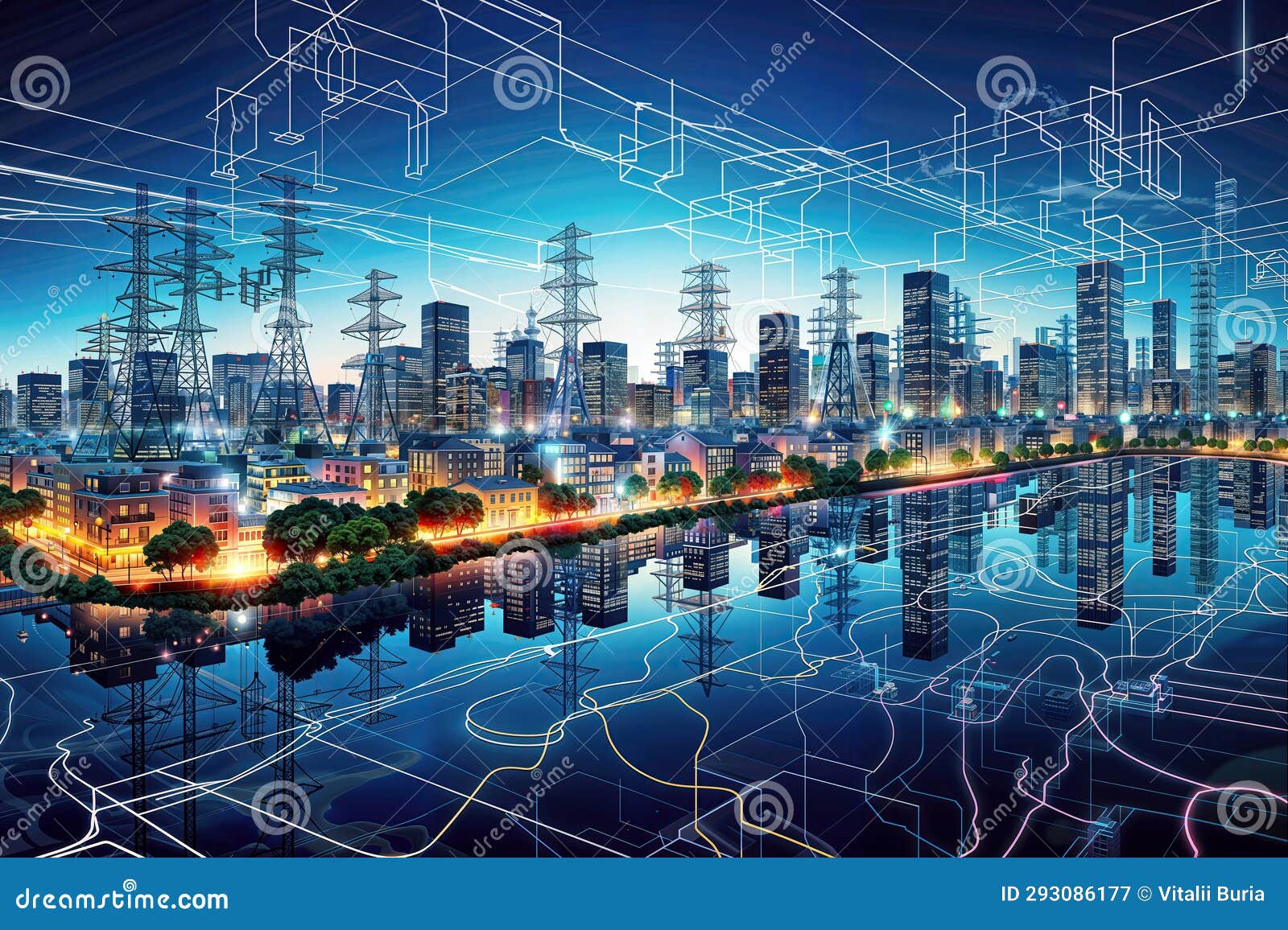 Digital Illustration of Network Nodes in a City Powered by Technology ...