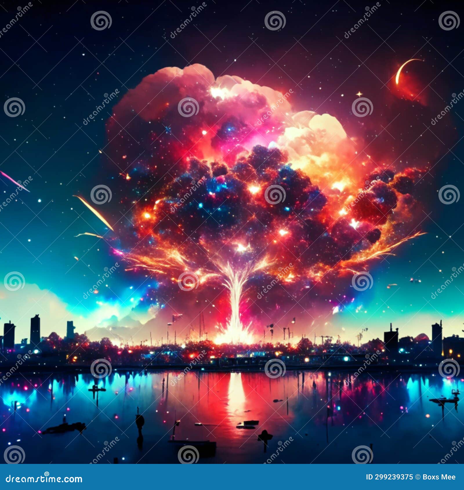 Digital Illustration of a Nuclear Explosion in the Night Sky with Water ...