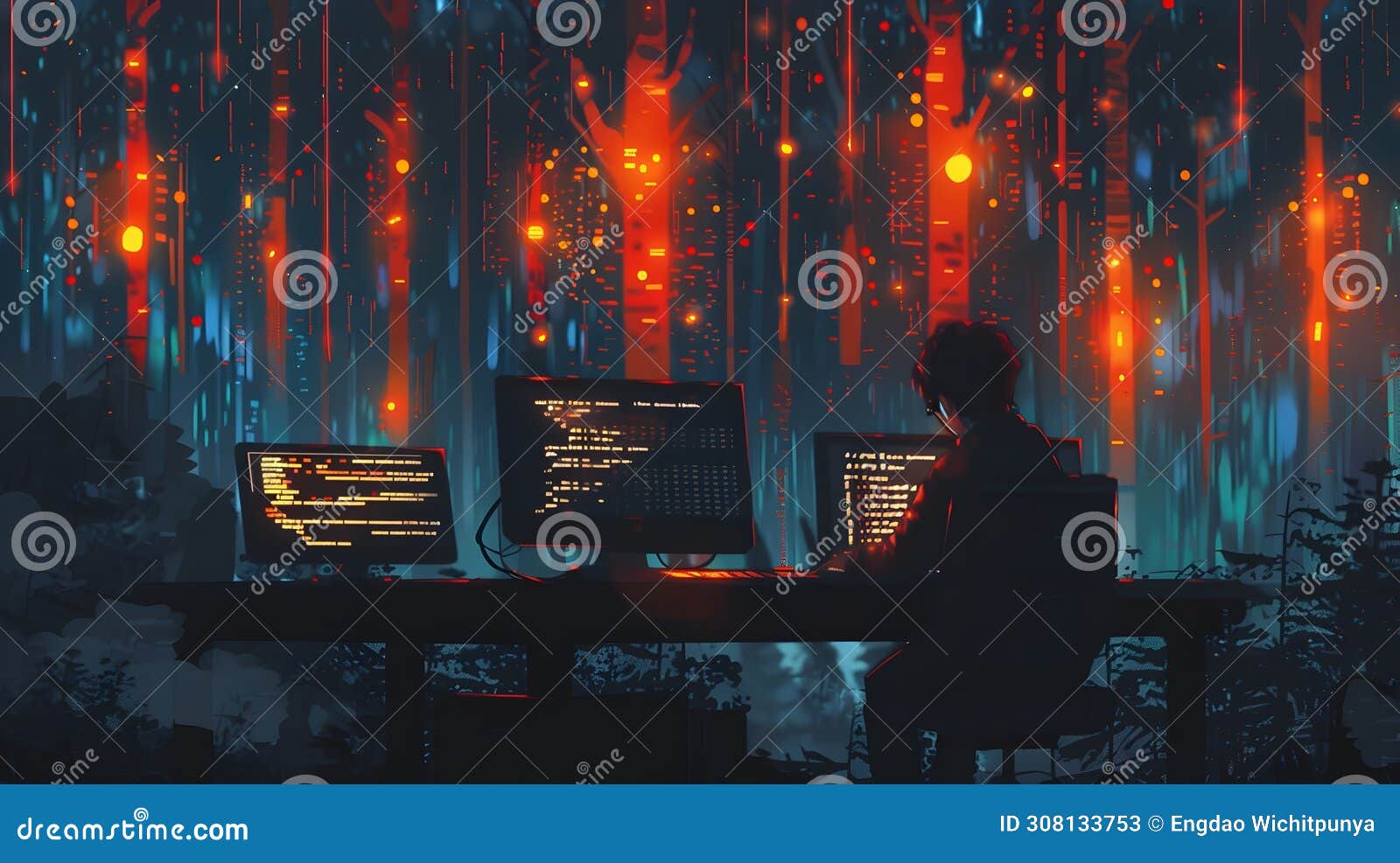 People Working at Computer Under Glowing Cityscapes in Futuristic ...