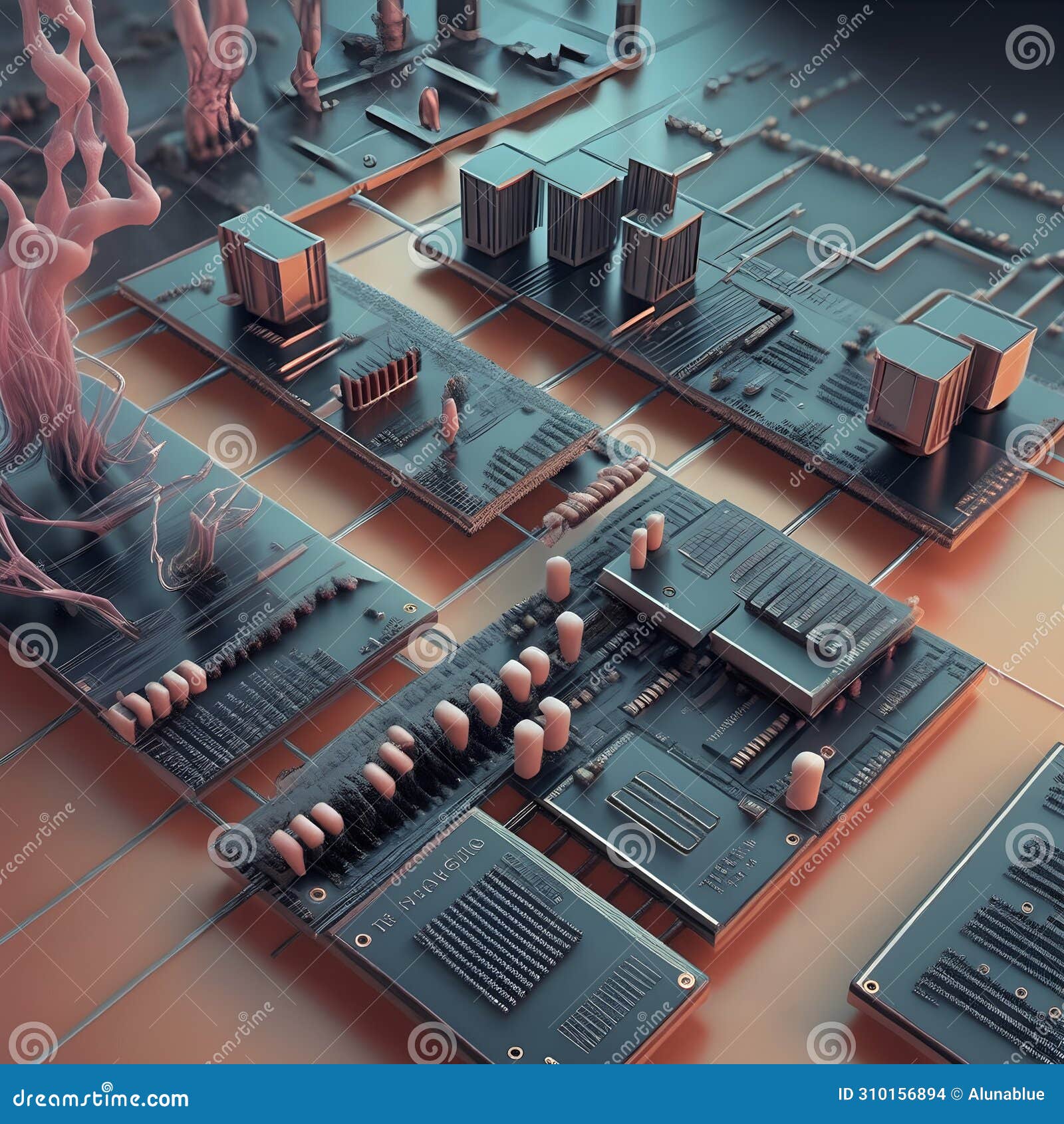 A Digital Illustration of Quantum Computing and Neural Networks. Stock ...