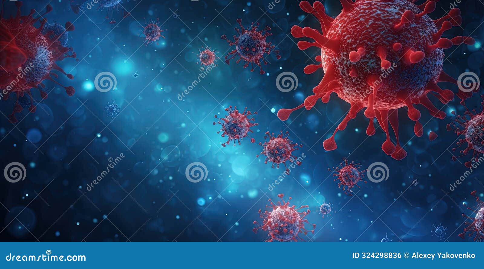 Digital Illustration of Red Virus Particles in Dramatic Deep Blue ...