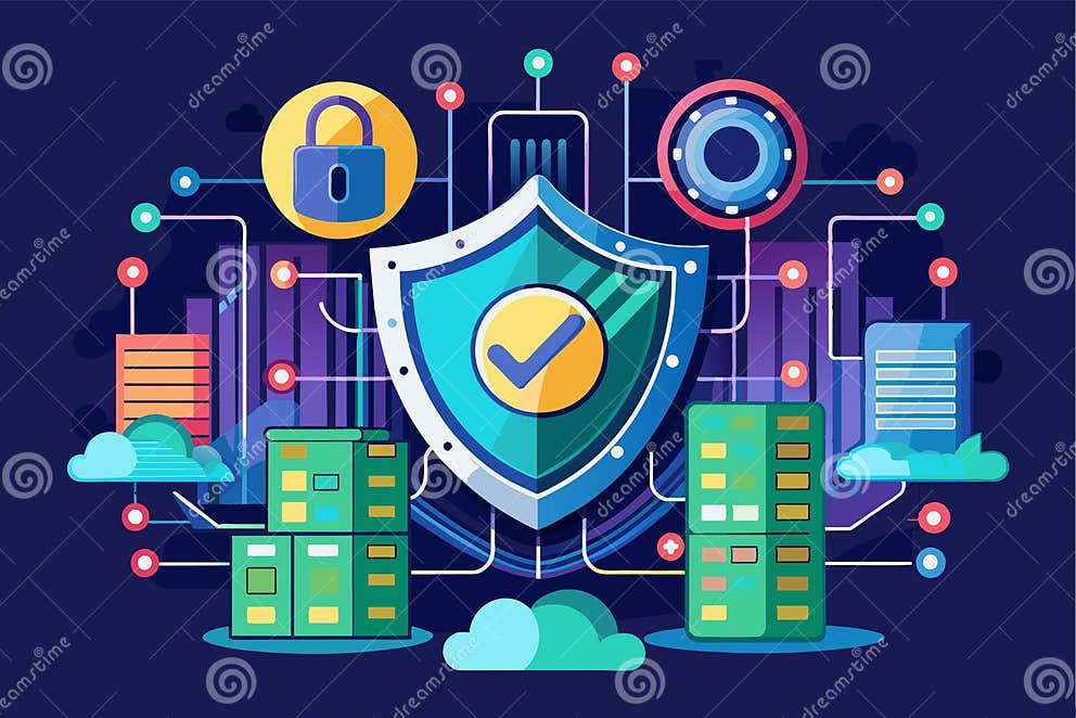 A Digital Illustration Showcases Data Security with a Shield, Buildings ...