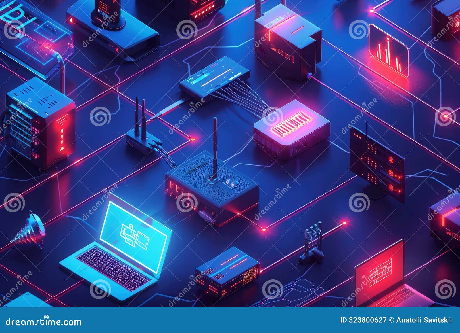 A Digital Illustration Showing Various Network Devices Like Routers ...