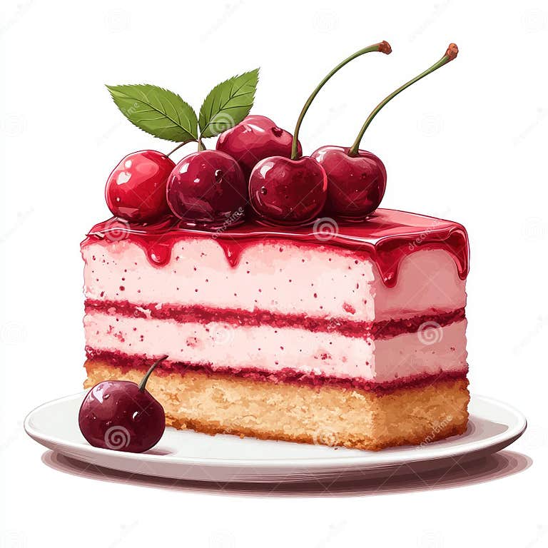 Digital Illustration of a Slice of Cherry Cake on a Plate Stock ...
