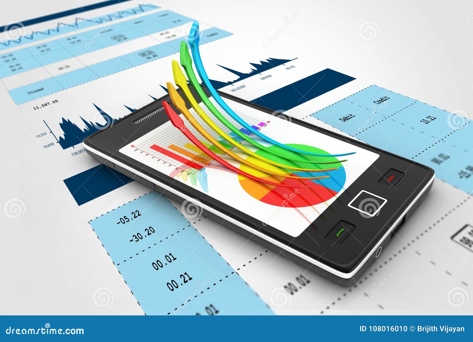Smart Phone Showing a Growth Graph and a Pie Chart Stock Illustration ...