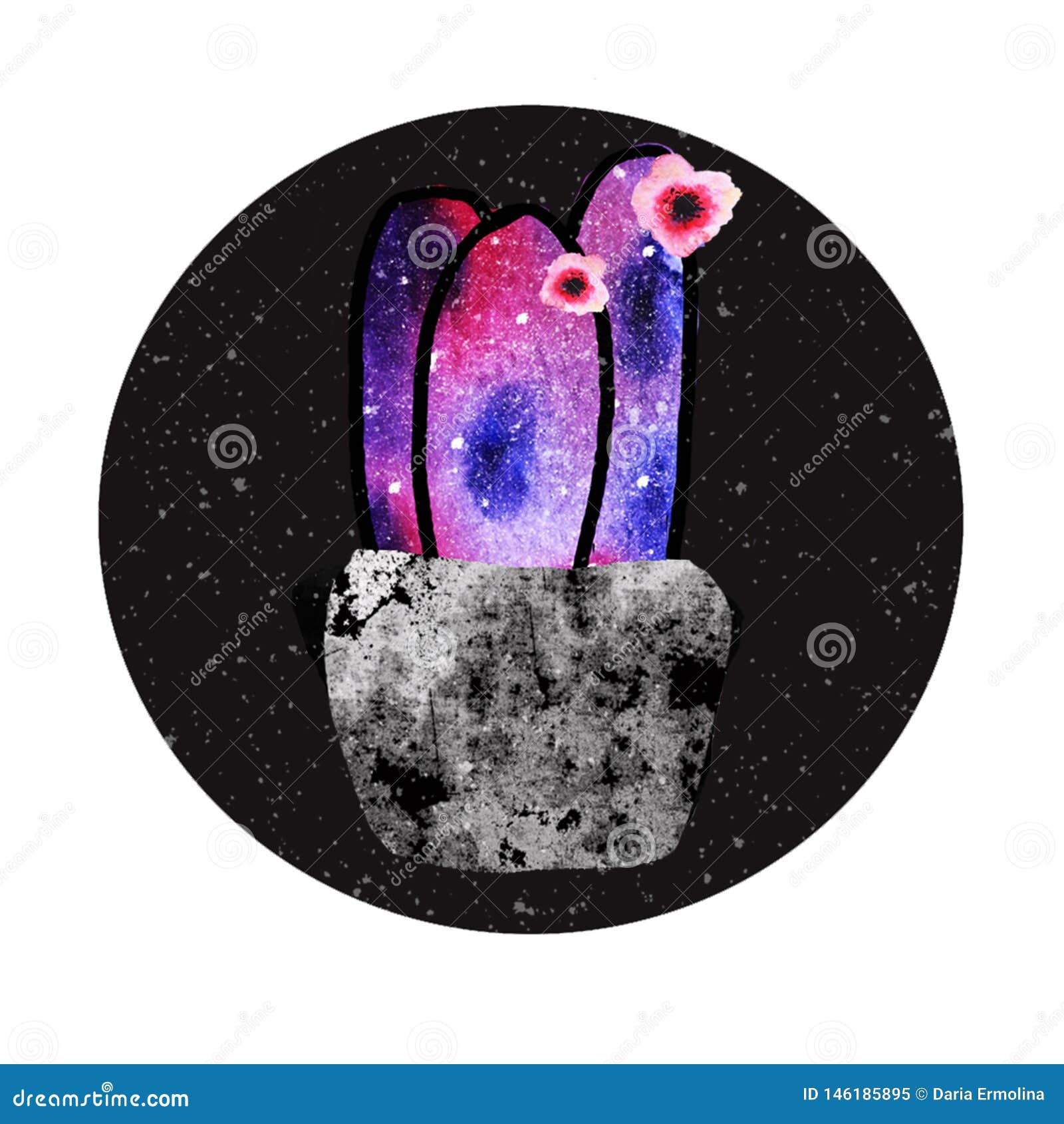 Digital Illustration with Space Cactus and Pink Flowers Stock ...