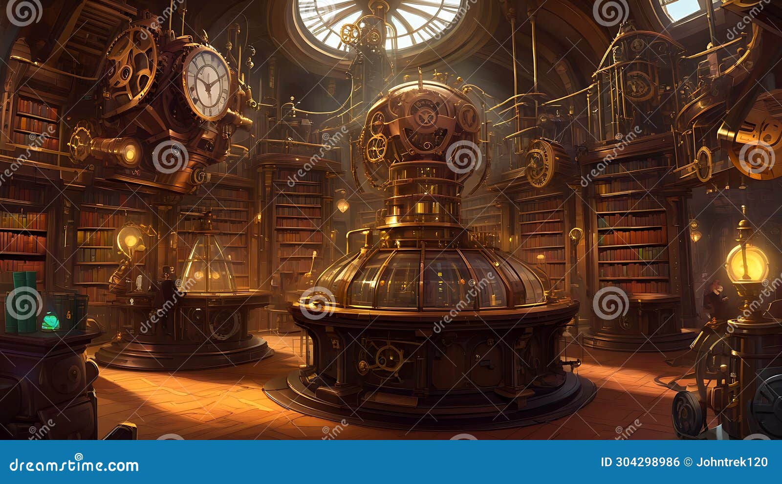 A Digital Illustration of a Steampunk Library with Clockwork Machines ...