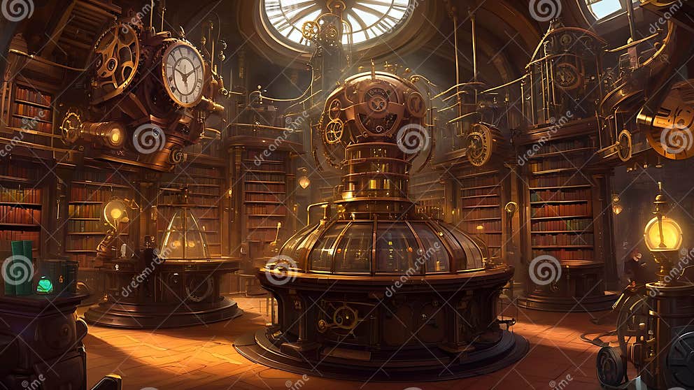 A Digital Illustration of a Steampunk Library with Clockwork Machines ...
