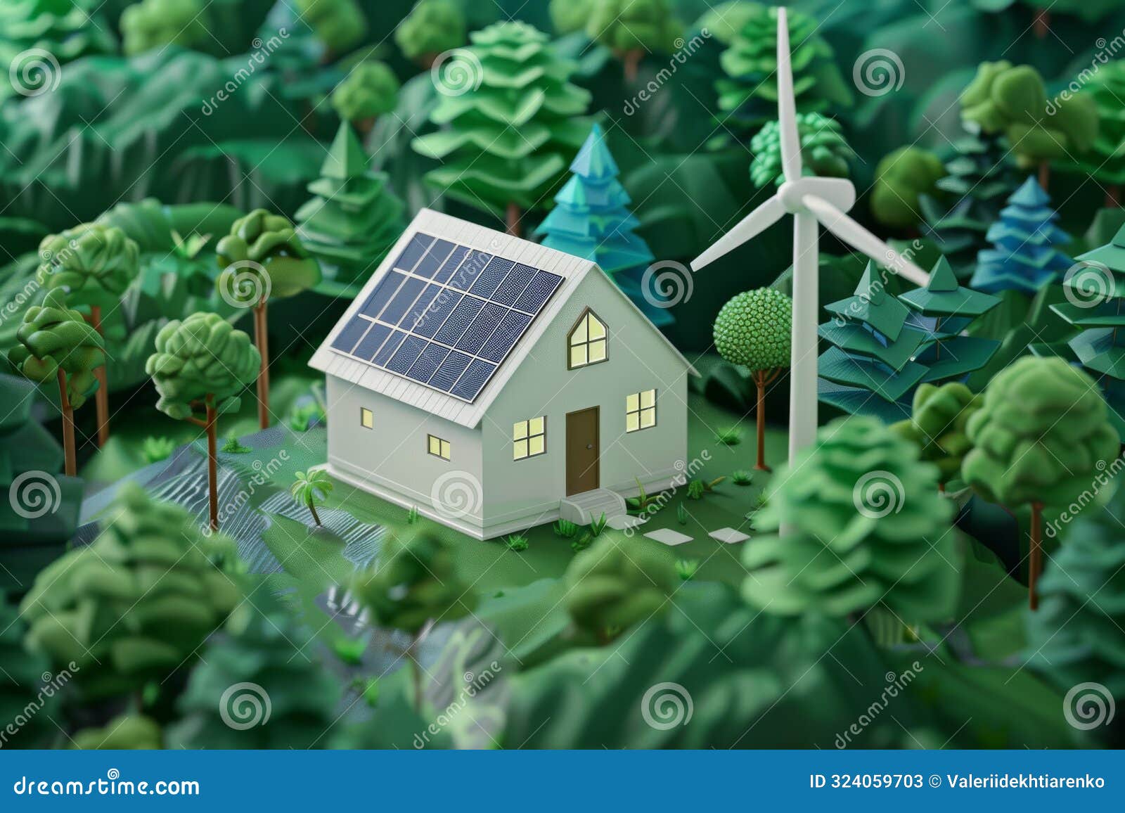 Digital Illustration Of A Stylized House With Solar Panels And A Wind ...