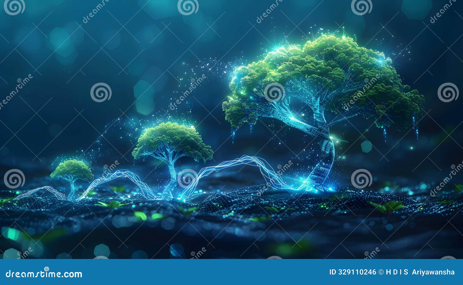 Digital Illustration of Tree Growth Stages with Technological Elements ...