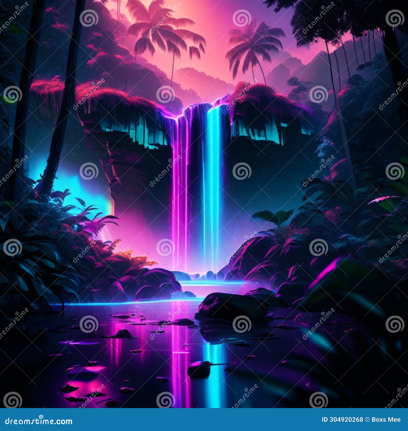 Digital Illustration of a Tropical Waterfall with a Reflection in the ...