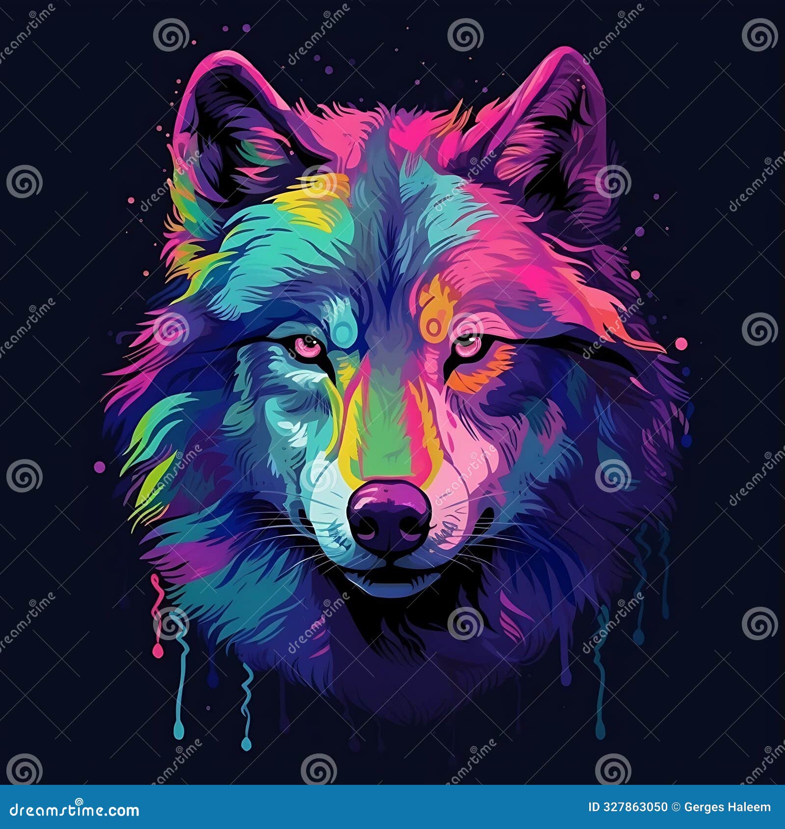 Colorful Wolf Portrait with Dripping Paint Stock Illustration ...