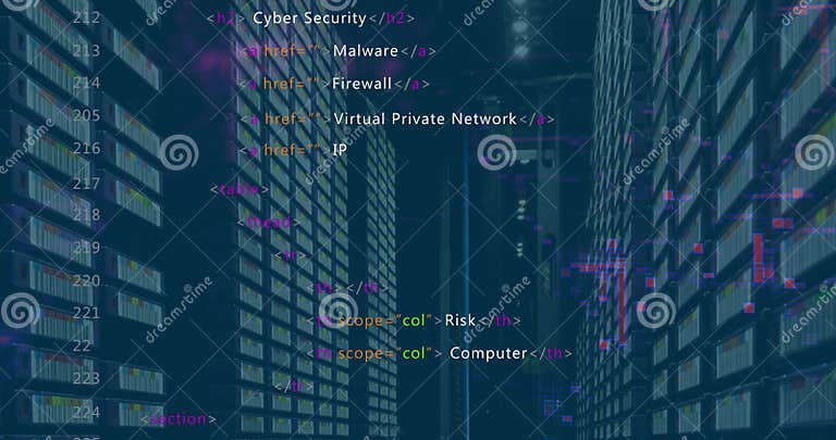 Digital Image of Binary Coding Data Processing Over Computer Servers Against Blue Background ...