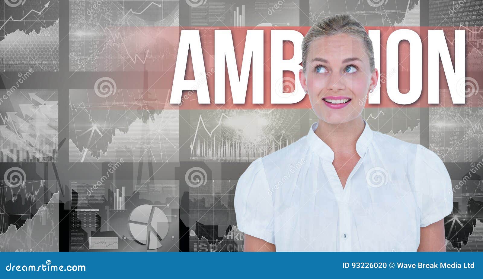 Digital Image of Businesswoman Against Ambition Text and Graphs Stock ...