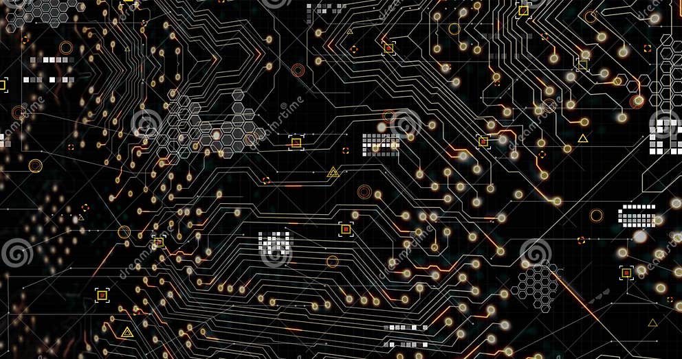 Digital Image Of Data Processing Over Microprocessor Connections Against Black Background Stock