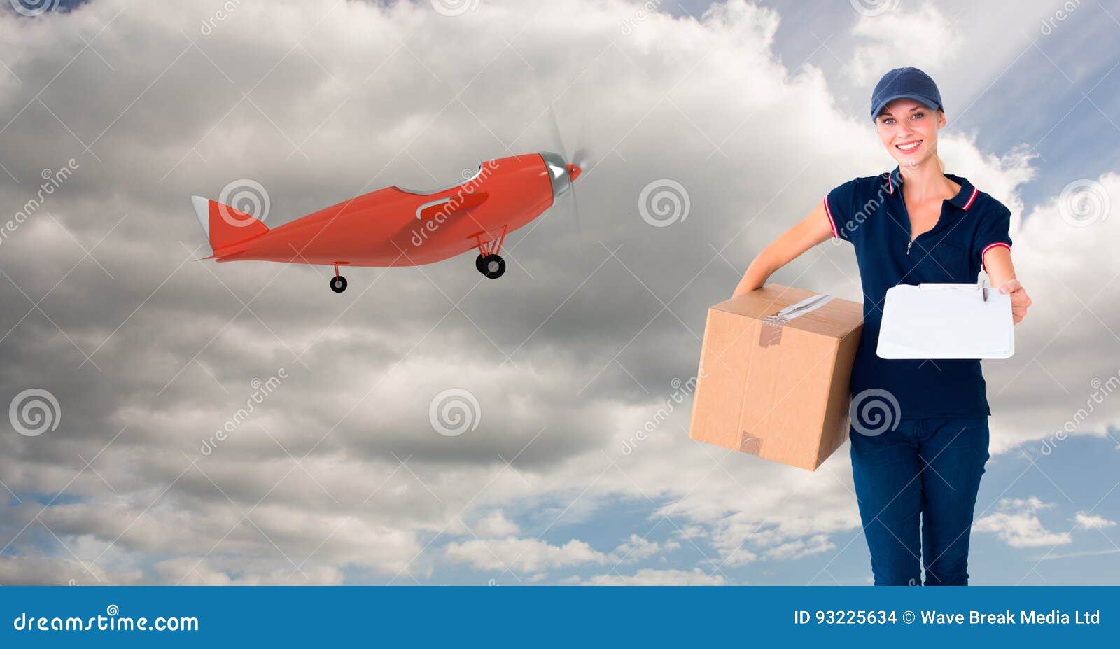 Digital Image of Female Delivering Parcel Standing by Airplane on Sky ...