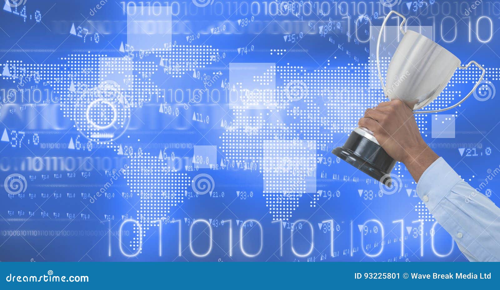 Digital Image of Hand Holding Trophy Against Binary Code Stock ...