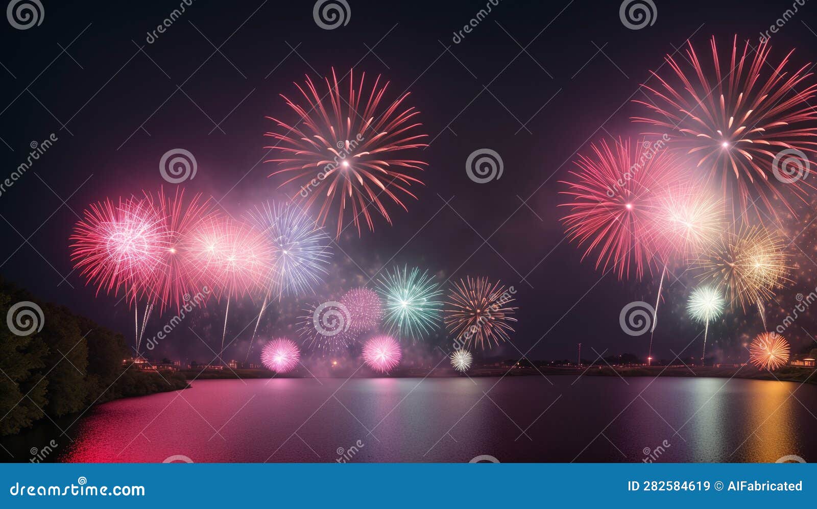 A Digital Image Illustrating a Wonderful Fireworks Display Over a Lake ...