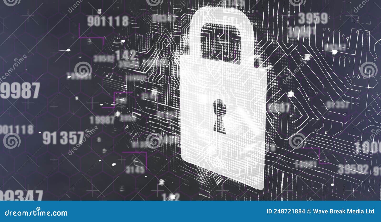 Digital Image of Multiple Changing Numbers Against Security Padlock Icon Against Microprocessor ...