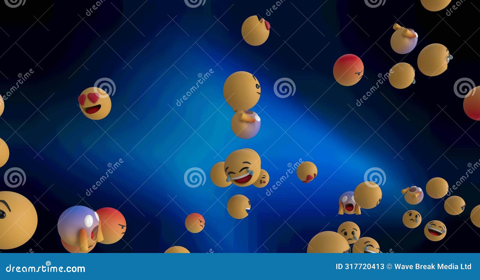 Digital Image of Multiple Face Emojis Floating Against Blue Spots of ...
