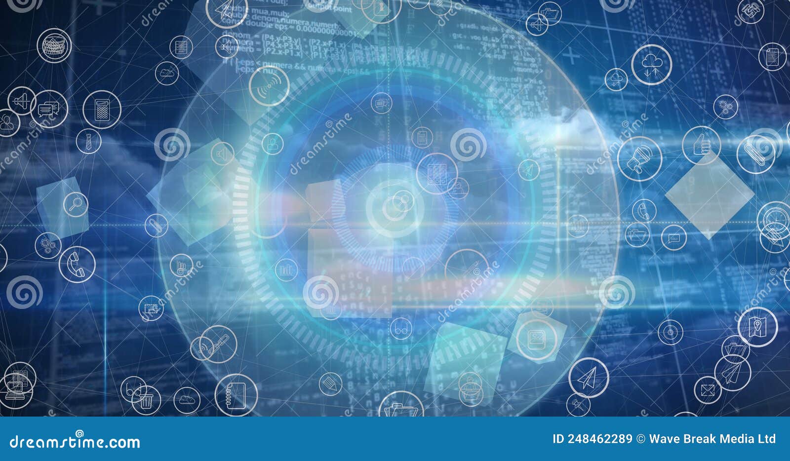 Digital Image of Multiple Digital Icons Against Neon Round Scanner on ...