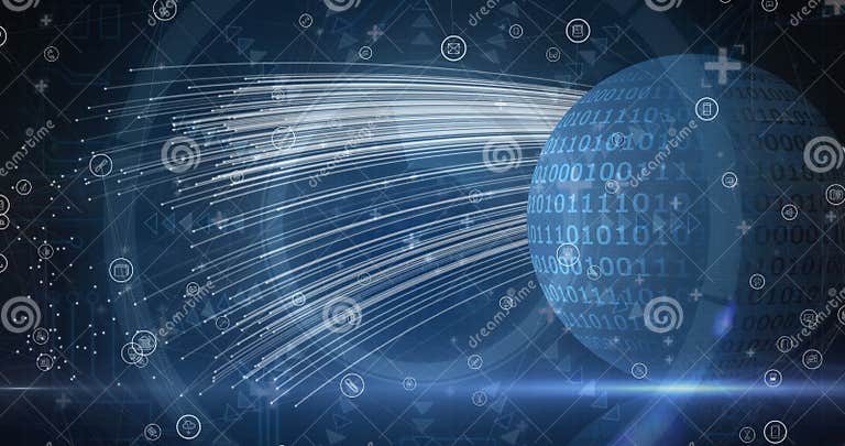 Digital Image Of Multiple Digital Icons Floating Against Binary Coding 8383