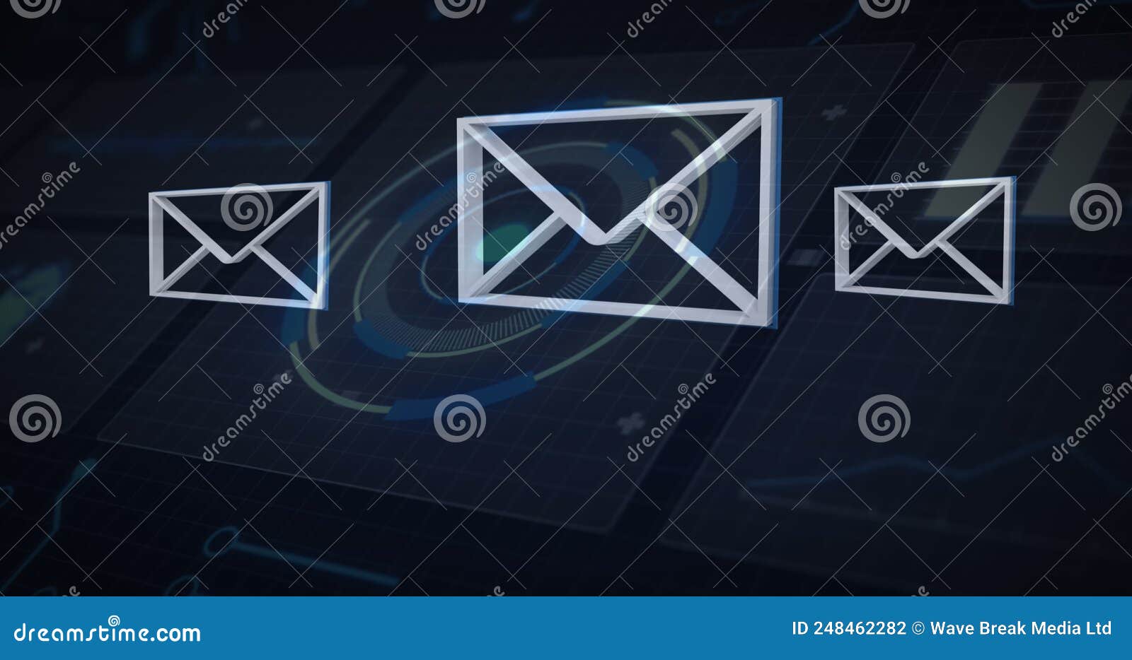 Digital Image of Multiple Message Icons Floating Against Round Scanner ...