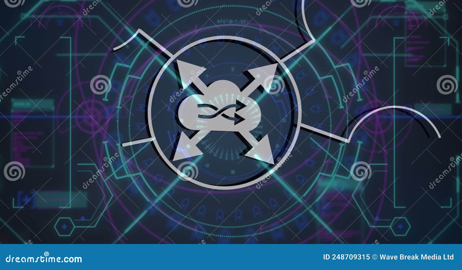 Digital Image of Network of Digital Icons Against Round Scanner on Blue ...