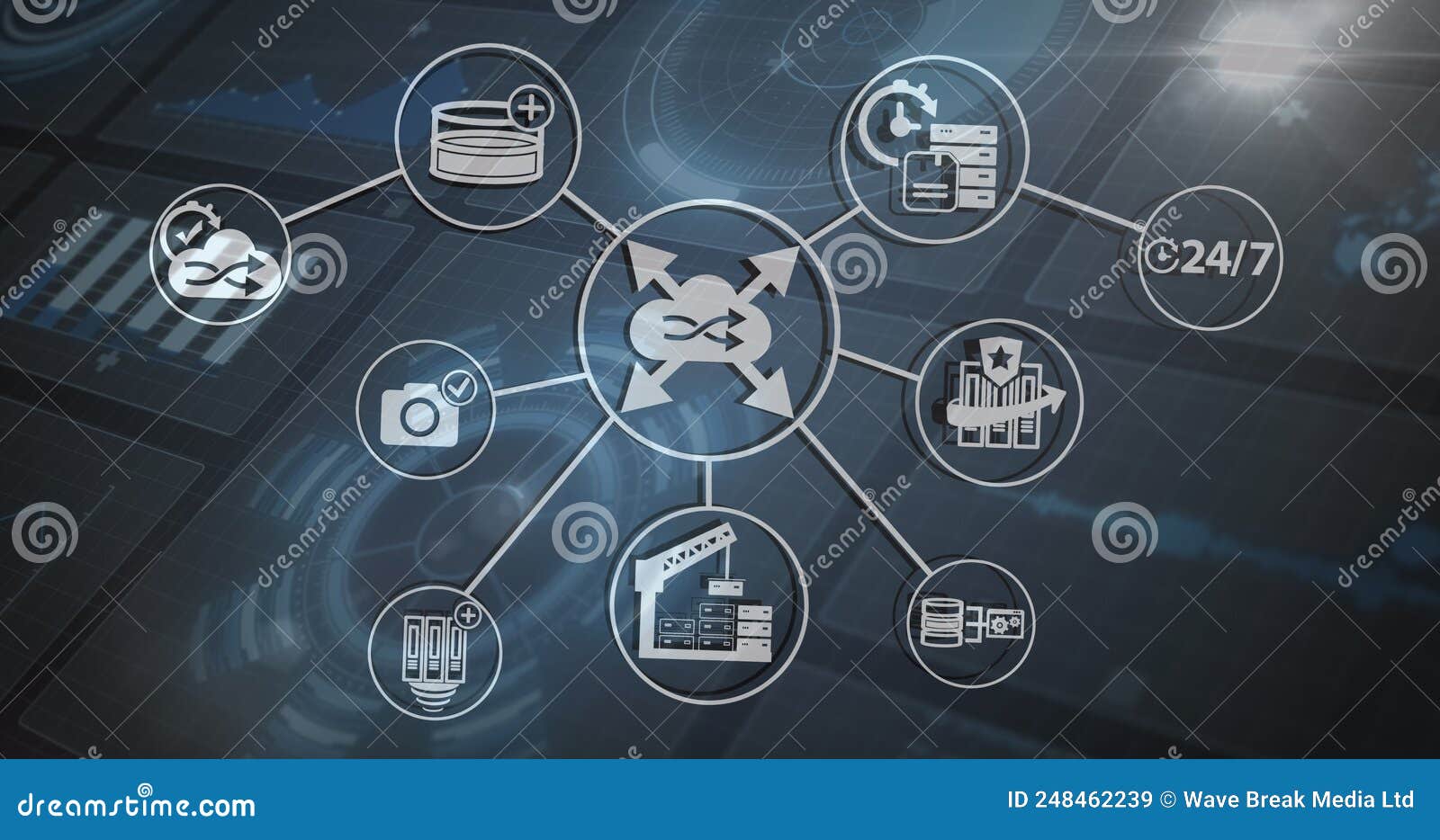 Digital Image of Network of Multiple Digital Icons Against Multiple ...