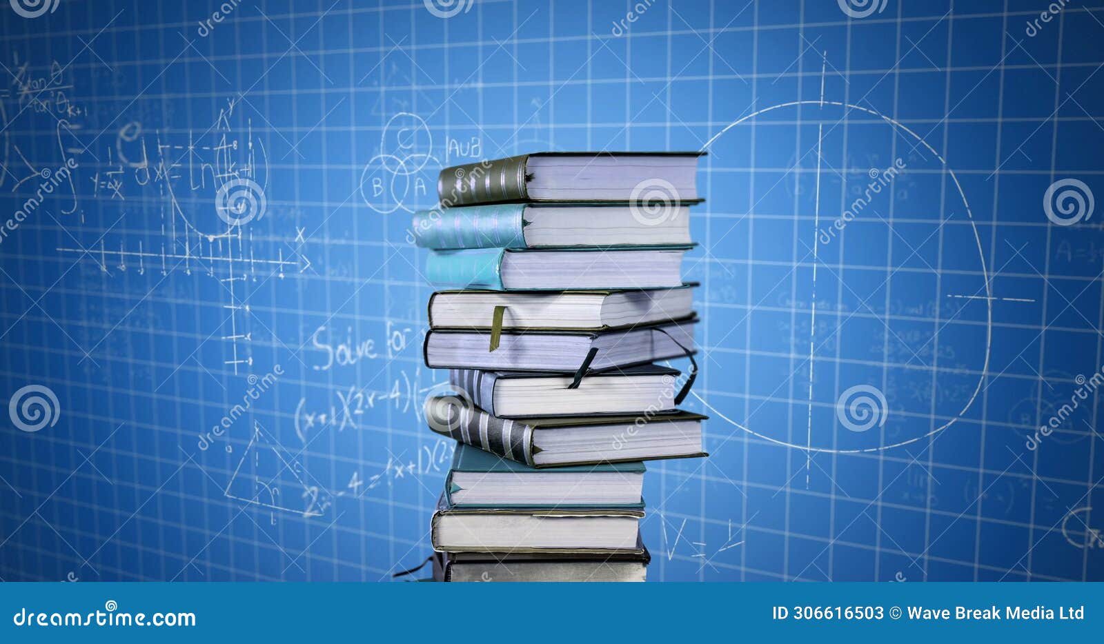 Digital Image of a Pile of Books while Mathematical Equations and ...
