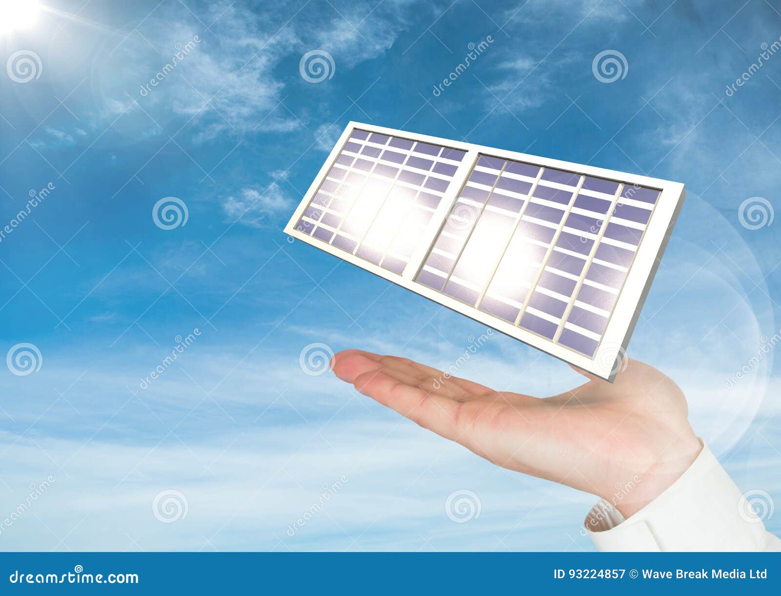 Digital Image of Solar Panel on Hand Against Sky Stock Illustration ...