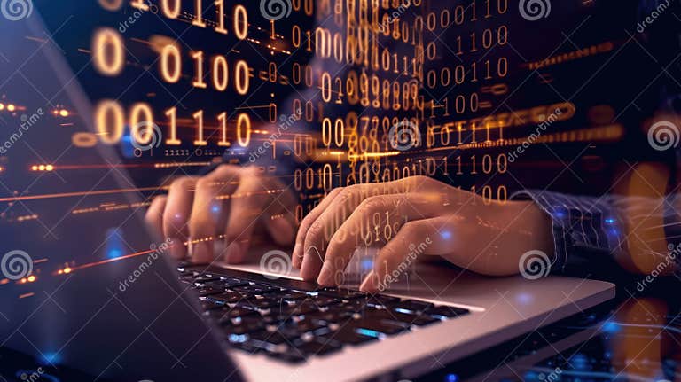 Digital Immersion: Programmer at Futuristic Workspace Typing on Laptop ...