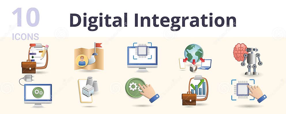Digital Integration Set. Creative Icons: Plug and Work, Machine To ...