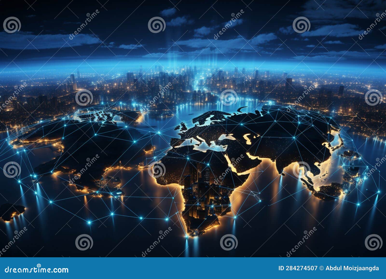 Digital Interconnectedness, Glowing Lines on World Map Signify Global ...