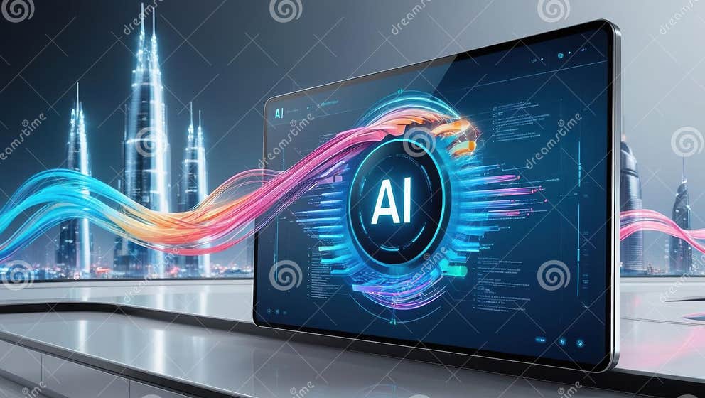 Digital Interface Displaying AI Algorithm with Vibrant Data Streams and Futuristic Cityscape in ...