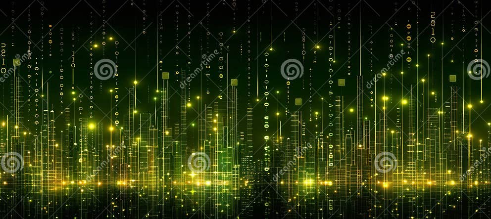 Digital Interface Pixelated Data Stream, Binary Code, Encryption Concept with Glowing Dots ...