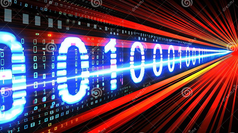 Digital Interface Pixelated Data Stream, Binary Code Encryption Concept, Glowing Red Blue Dots ...