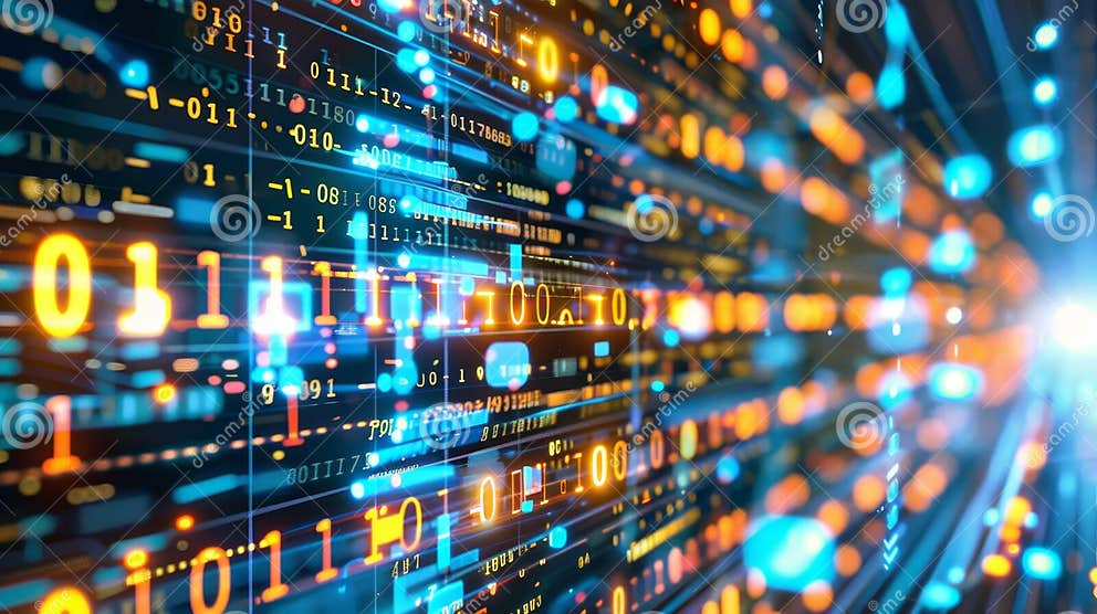 Digital Interface Pixelated Data Stream, Binary Code, Encryption Concept, Red and Blue Glowing ...