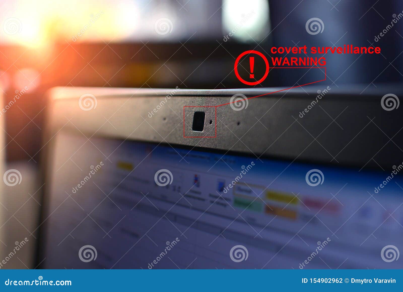 Digital Ip Spying with Laptop Camera Concept with Safety Warning Text ...