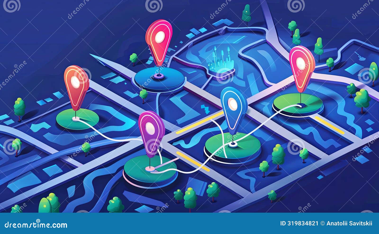 A Digital Isometric Map Background with Several Tracking Pins Marking ...