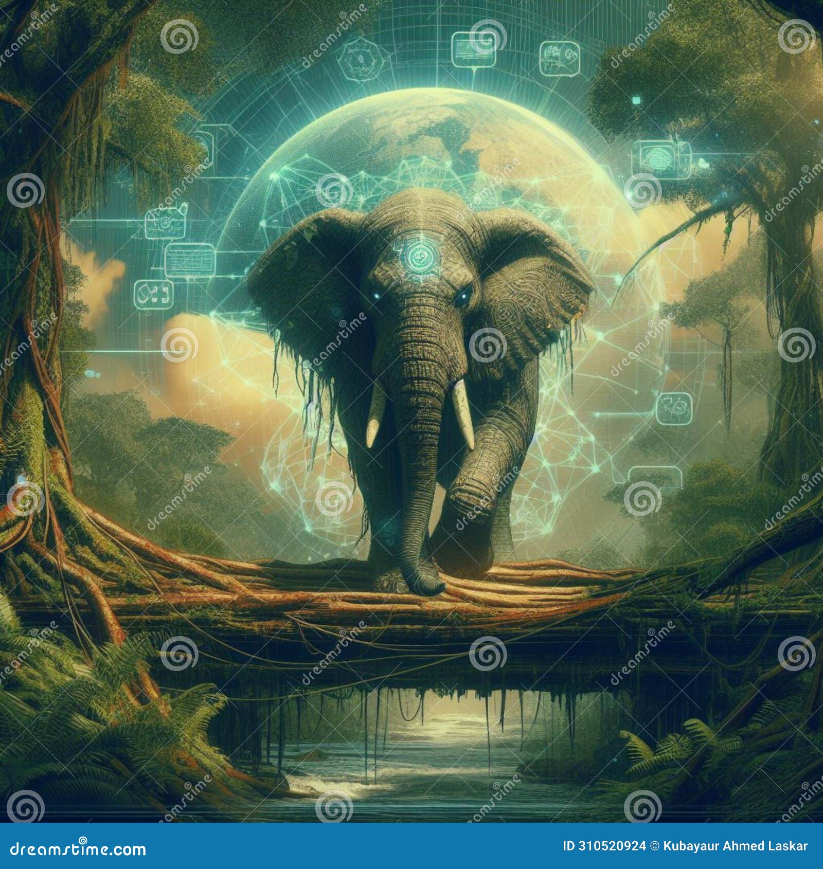 Digital Jungle in Future with Animals Stock Illustration - Illustration ...